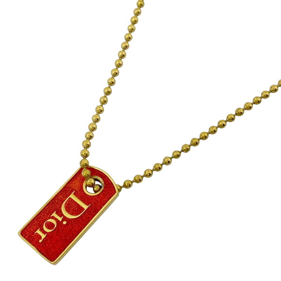 Dior | Bags | Christian Dior Logo Plate Necklace Gp Gold Red | Poshmark